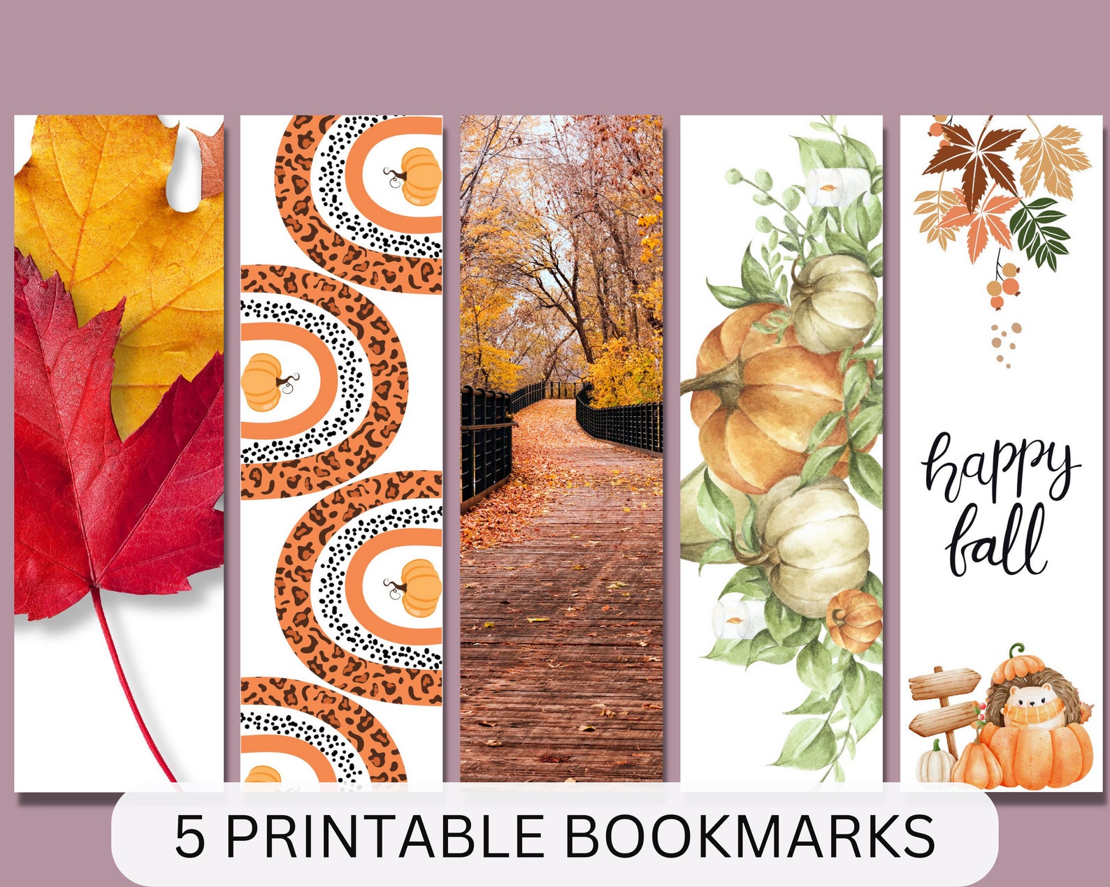 Printable Bookmark, Set of Five Fall Design Printable, Digital Product ...