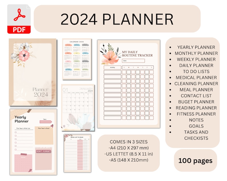 2024 Year Planner, 100 Printable Pages, Monthly Planner, Weekly Planner ...