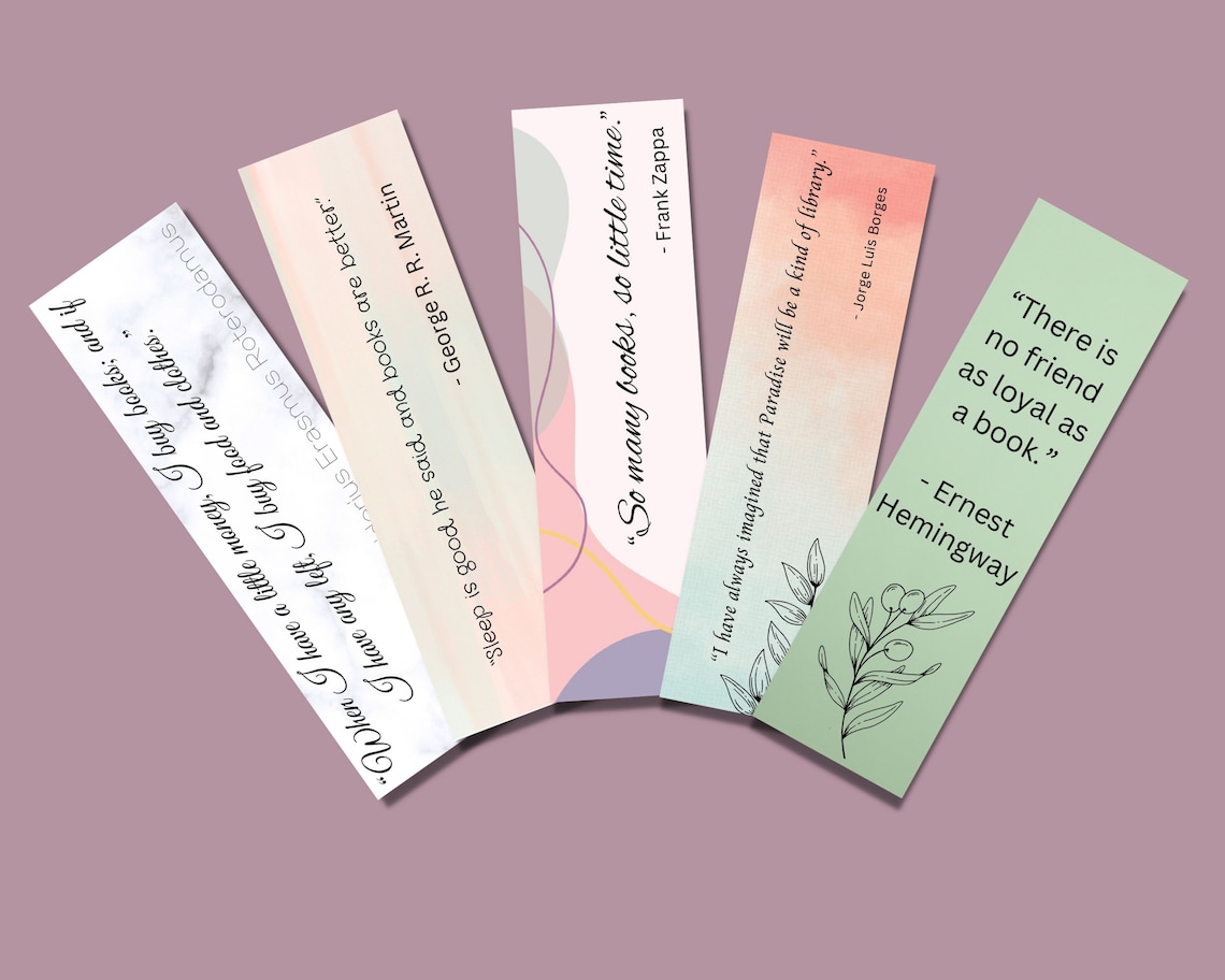 Printable Bookmark, Digital Product, Set of Five, Digital Bookmark ...