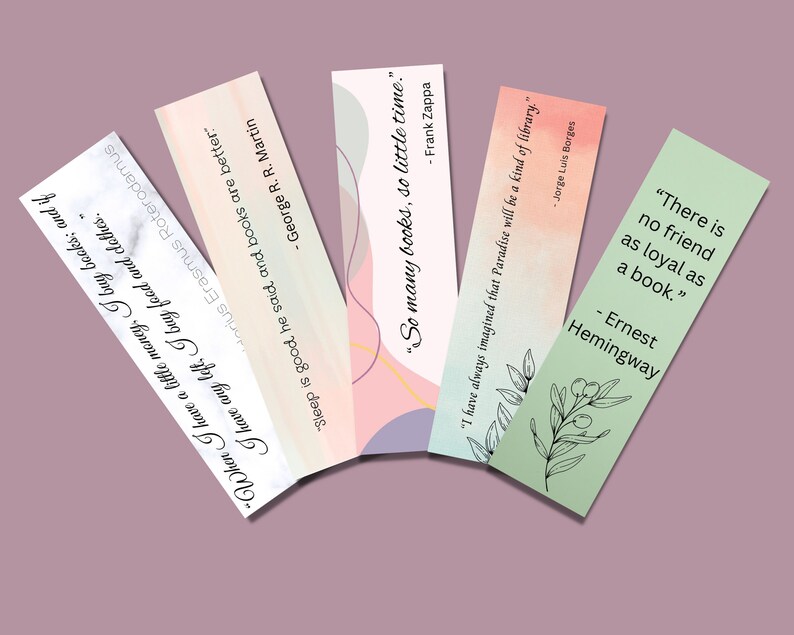 Printable Bookmark, Digital Product, Set of Five, Digital Bookmark ...