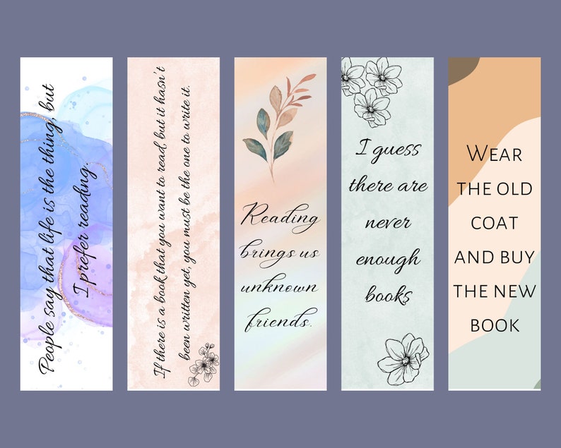 Printable Bookmark, Digital Product, Set of Five, Digital Bookmark ...