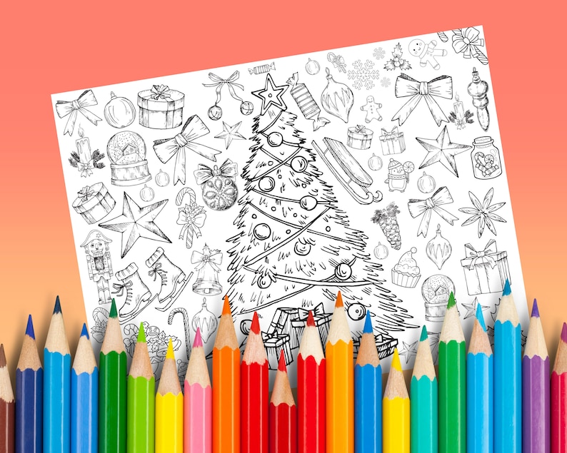 Giant Christmas Coloring Poster: Holiday Tree, Ornaments (PDF) - Etsy