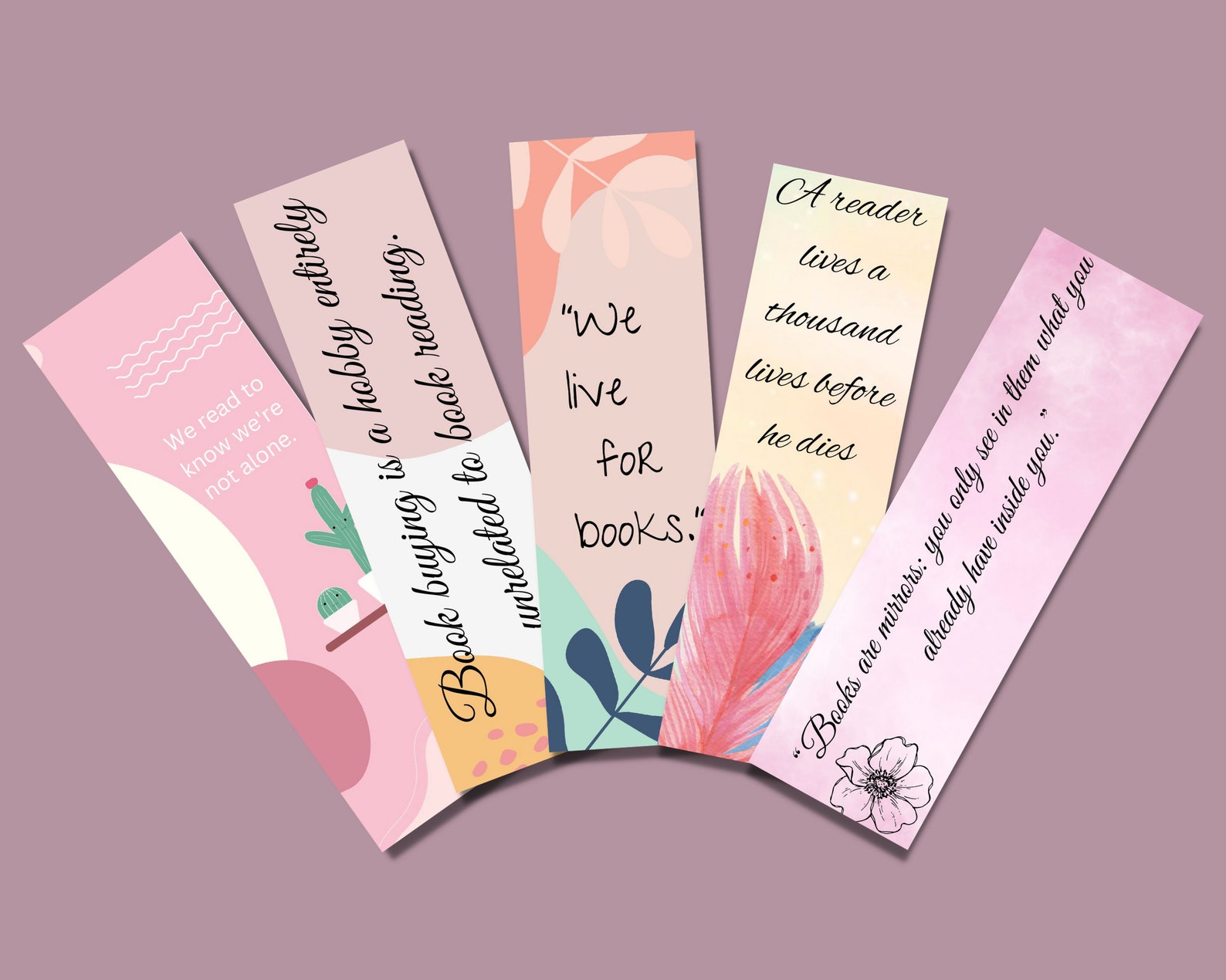 Printable Bookmark, Digital Product, Set of Five, Digital Bookmark ...