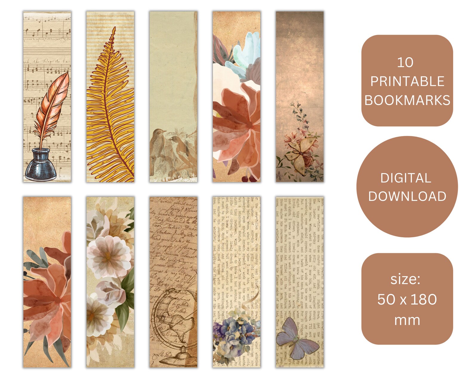 Printable Bookmarks, Set of 10, Vintage Prints, Bookmarks for Adult ...