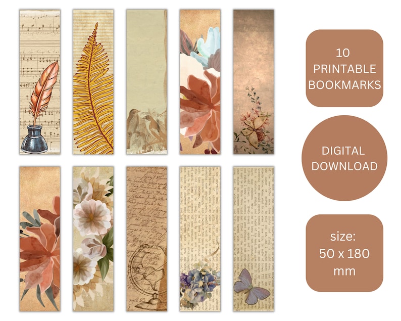 Printable Bookmarks, Set of 10, Vintage Prints, Bookmarks for Adult ...