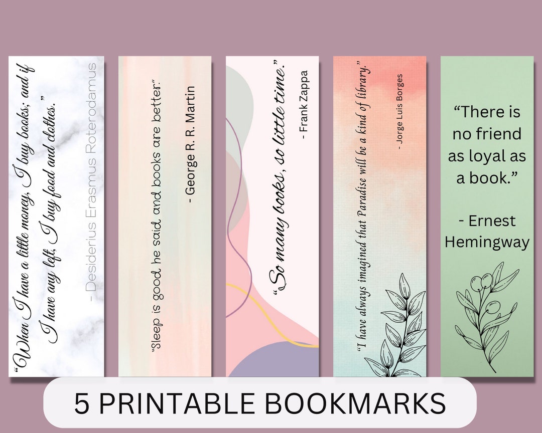 Printable Bookmark, Digital Product, Set of Five, Digital Bookmark ...