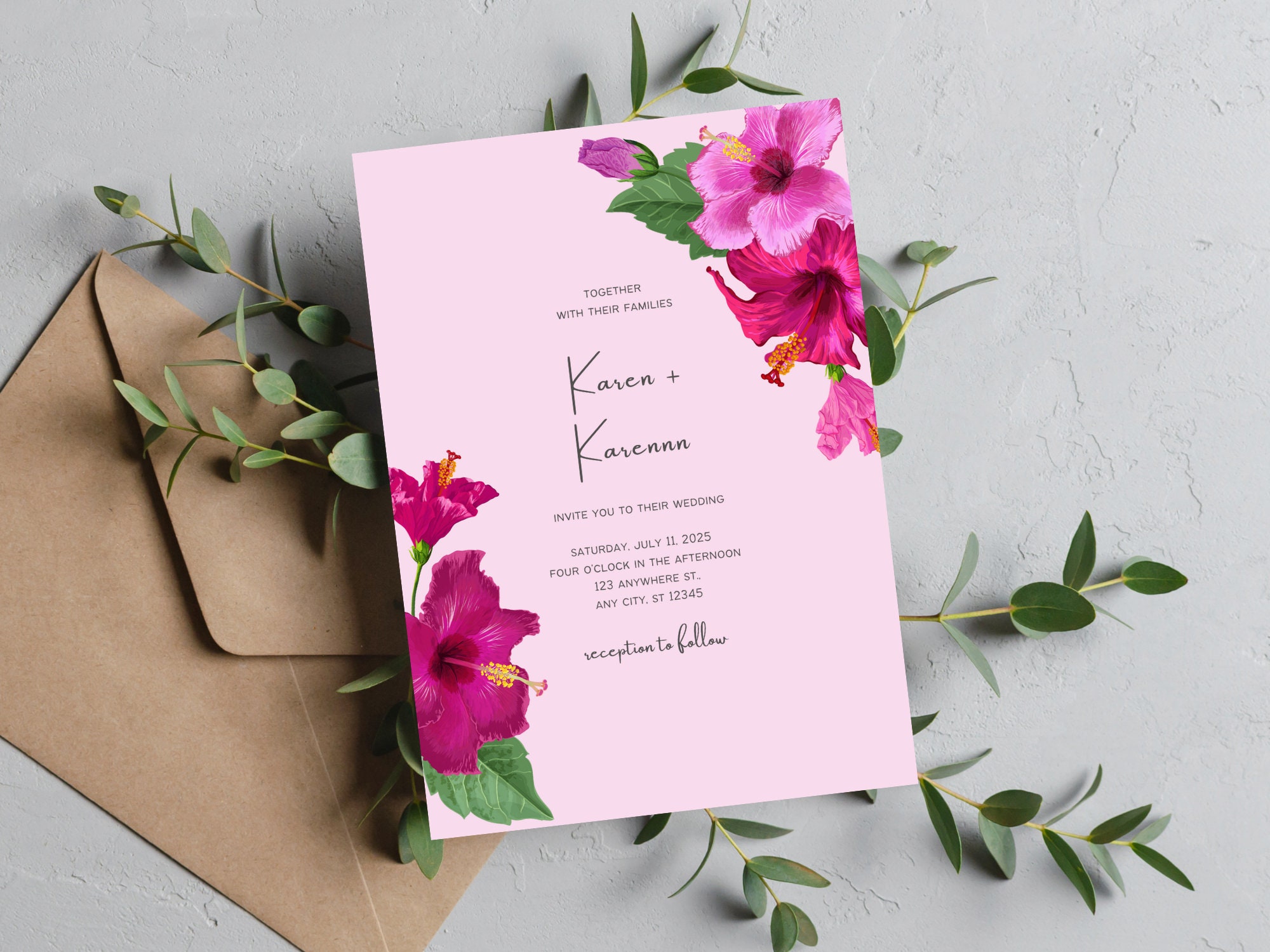 Tropical Flowers Wedding Invitation Card, Editable Canva Wedding IV ...