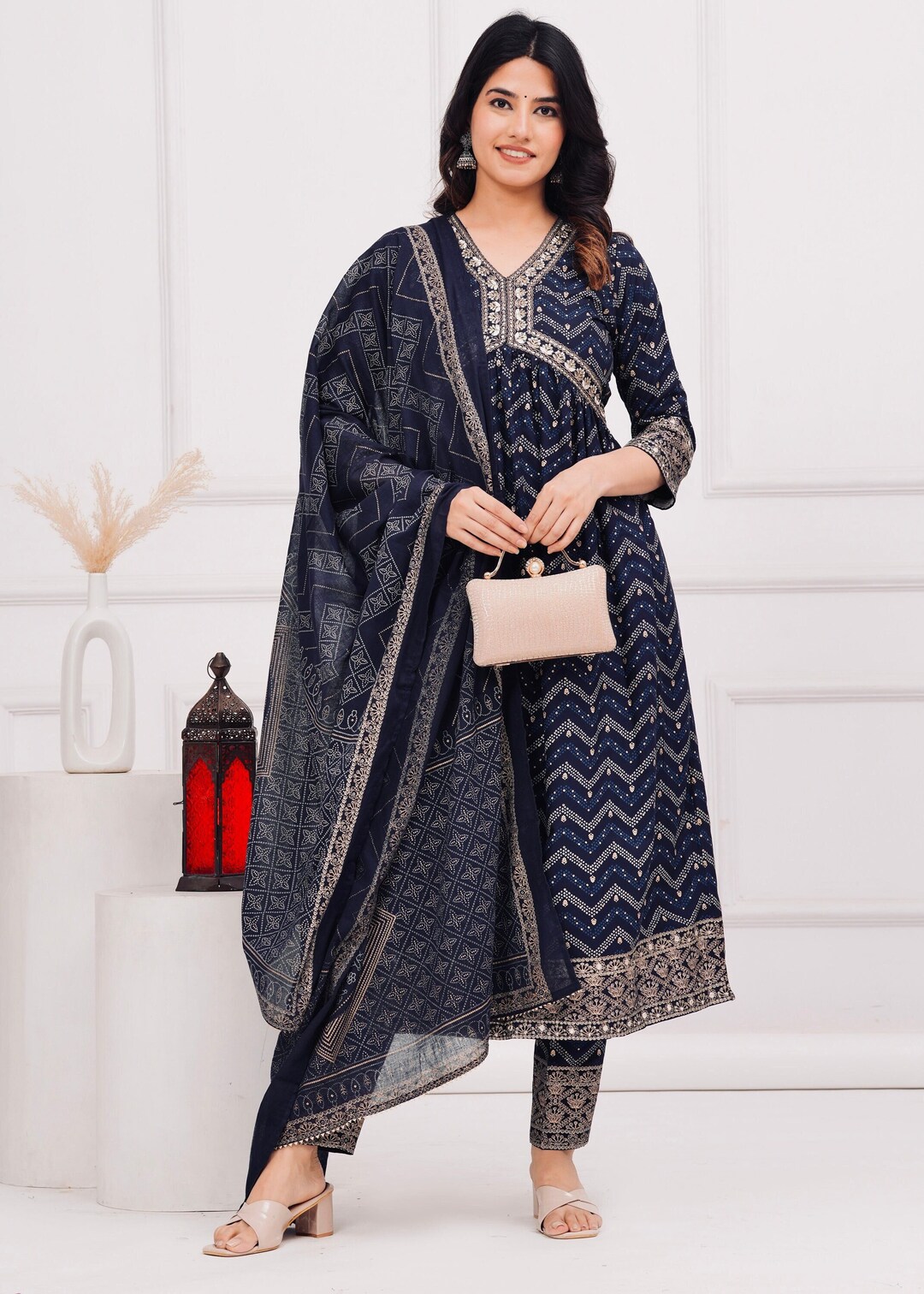 Dark Blue Kurti Set, Women Stylish Gown Anarkali Suit With Pant and ...
