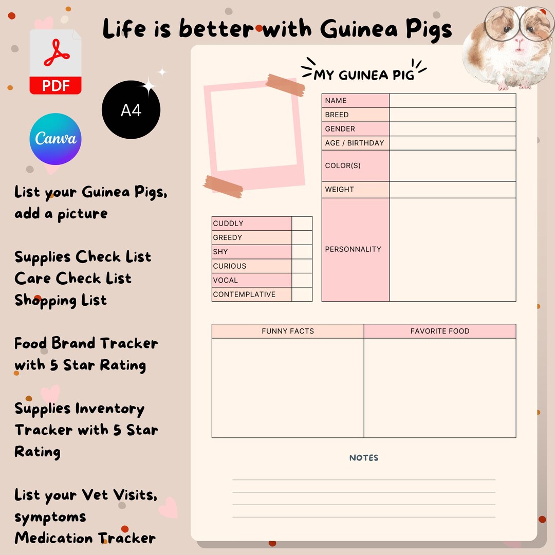 Guinea Pig Care Planner, Pet Care Planner, Guinea Pig Planner, Guinea ...