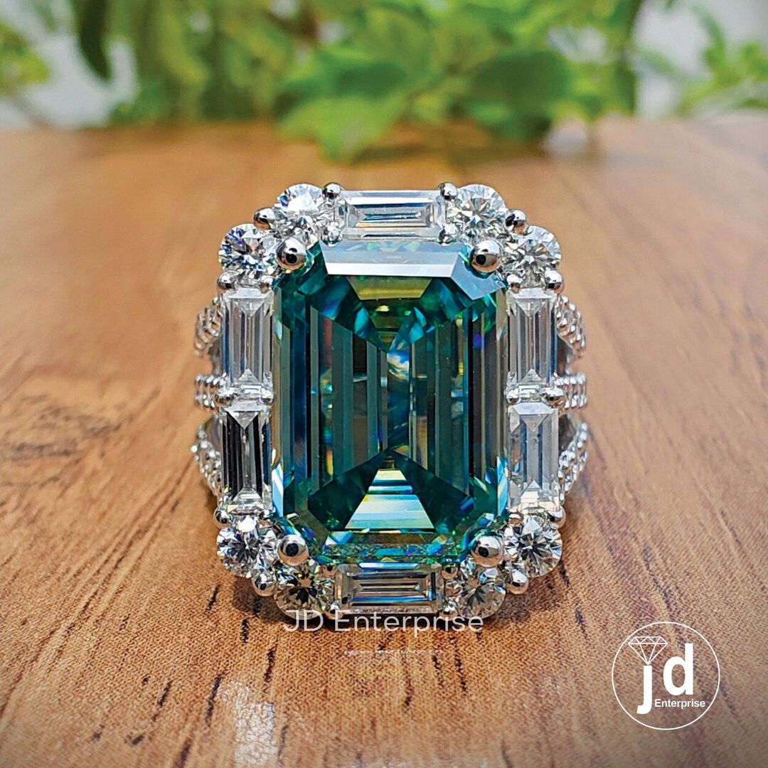 Antique 6.70CT Cyan Blue Emerald Cut Moissanite Engagement Ring, Unique ...