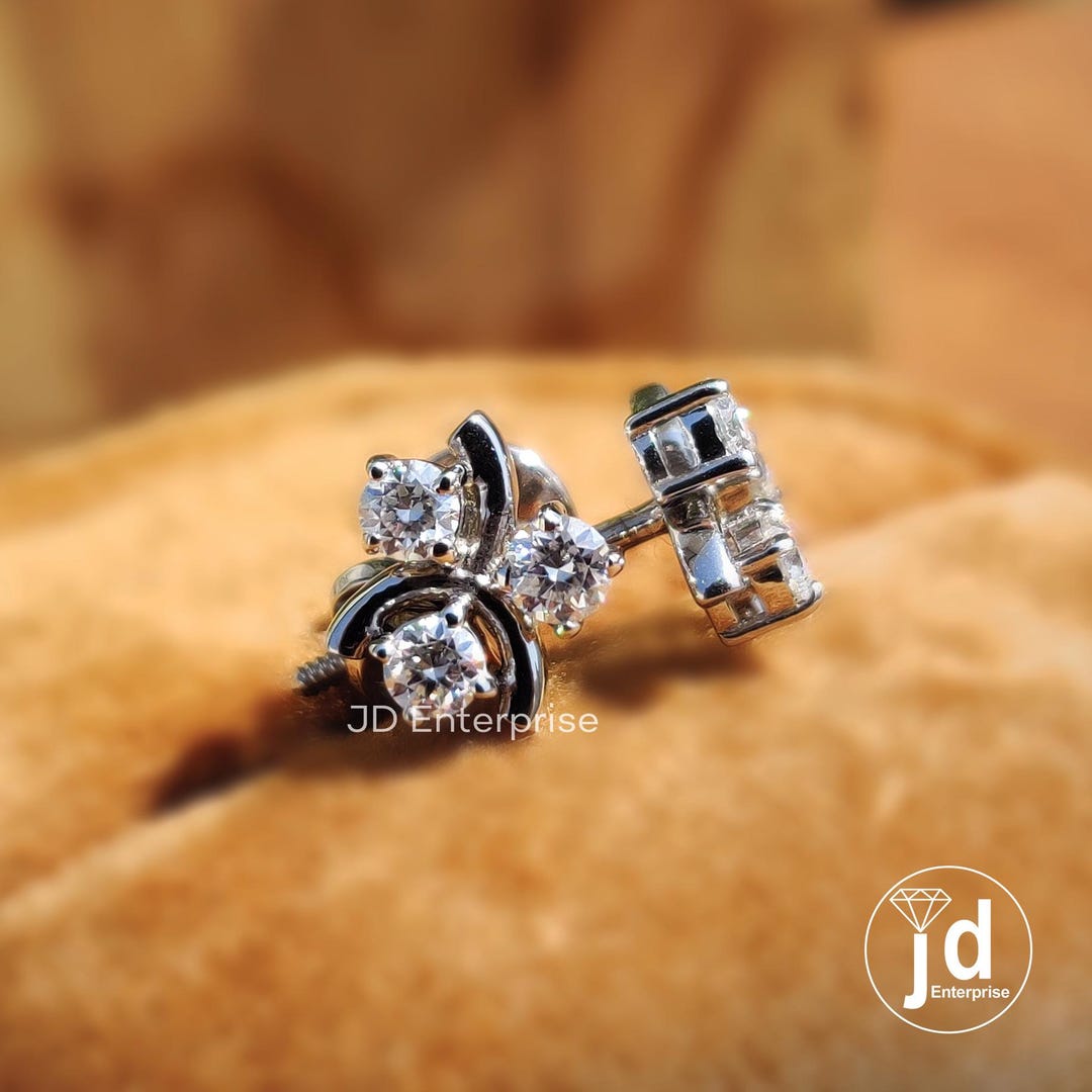 Floral Stud Earrings in Three Stone Design, 3.0 MM Round Cut Colorless ...