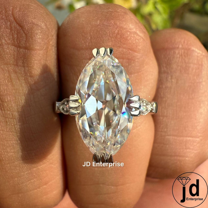 Old Mine Moval Moissanite Engagement Ring, Vintage Bridge Pave Wedding ...