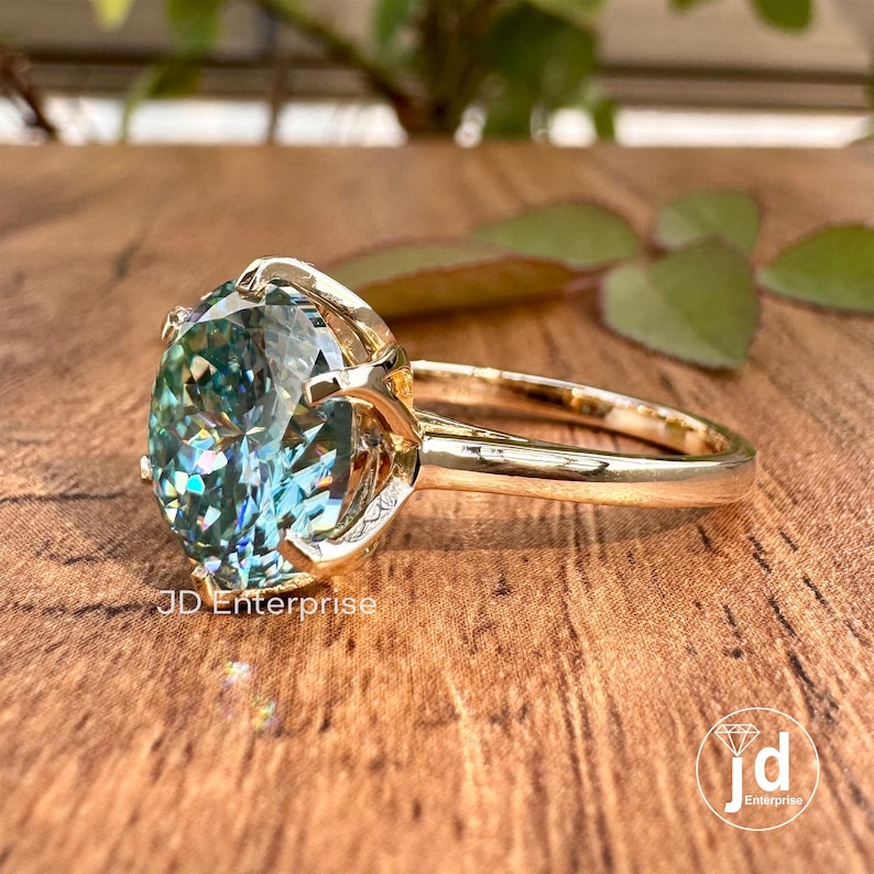 Classic 5.10CT Portuguese Cut Cyan Blue Moissanite Engagement Ring ...