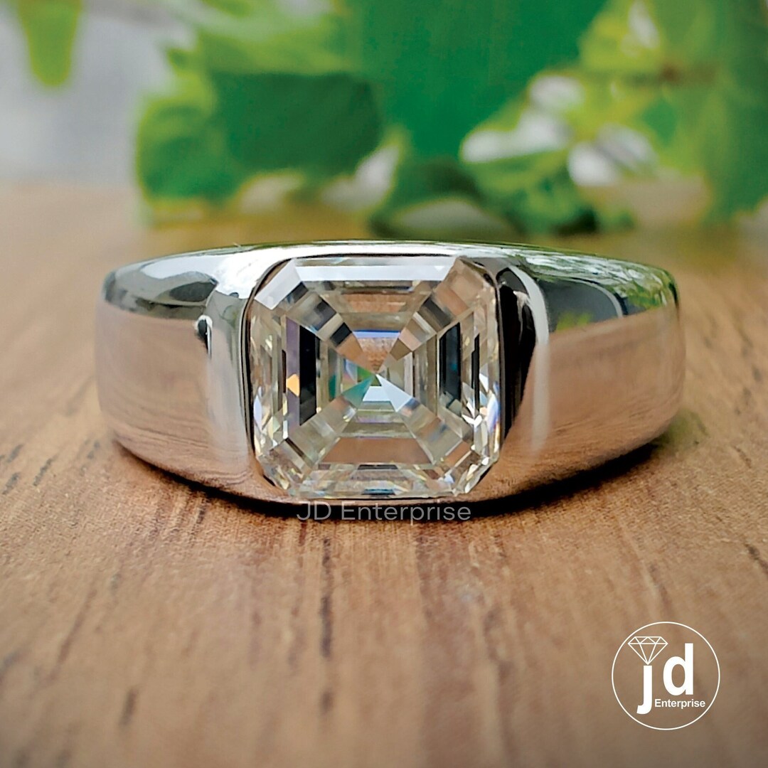 2.35CT Bezel Set Asscher Cut Colorless Moissanite Men's Engagement Ring, Classic Men's Solitaire ...