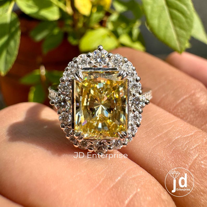 Vintage Style 3.27 TW Radiant Cut Canary Yellow Moissanite Ring, Halo ...