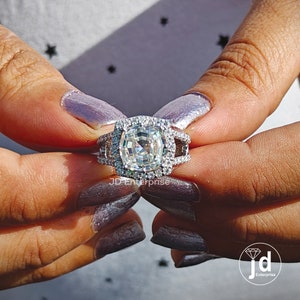 3.92CT Antique Step Cut Cushion Colorless Moissanite Engagement Ring, 2 ...