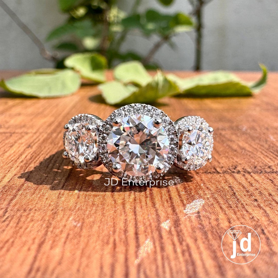 3.00 TW Colorless Round Moissanite Halo Engagement Ring, Pave Set Three ...