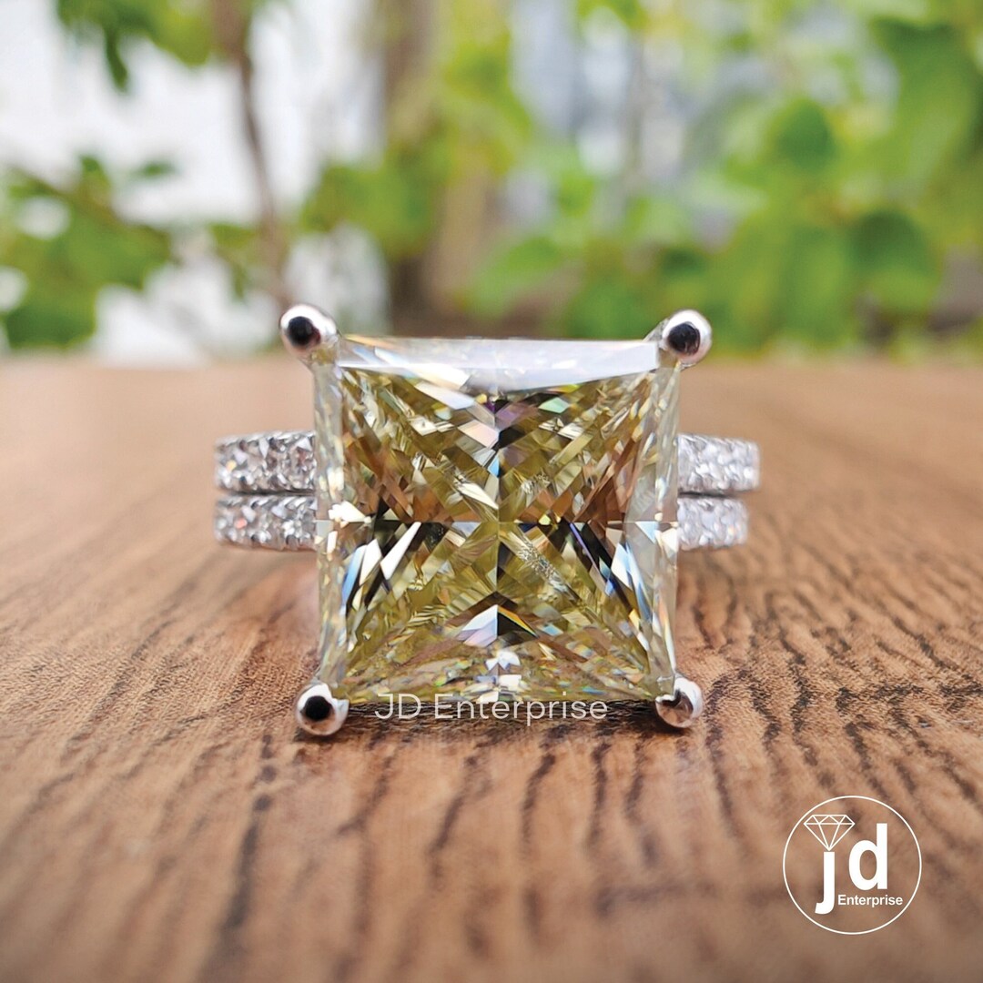 Vintage Style Light Yellow Princess Cut Moissanite Engagement Set ...