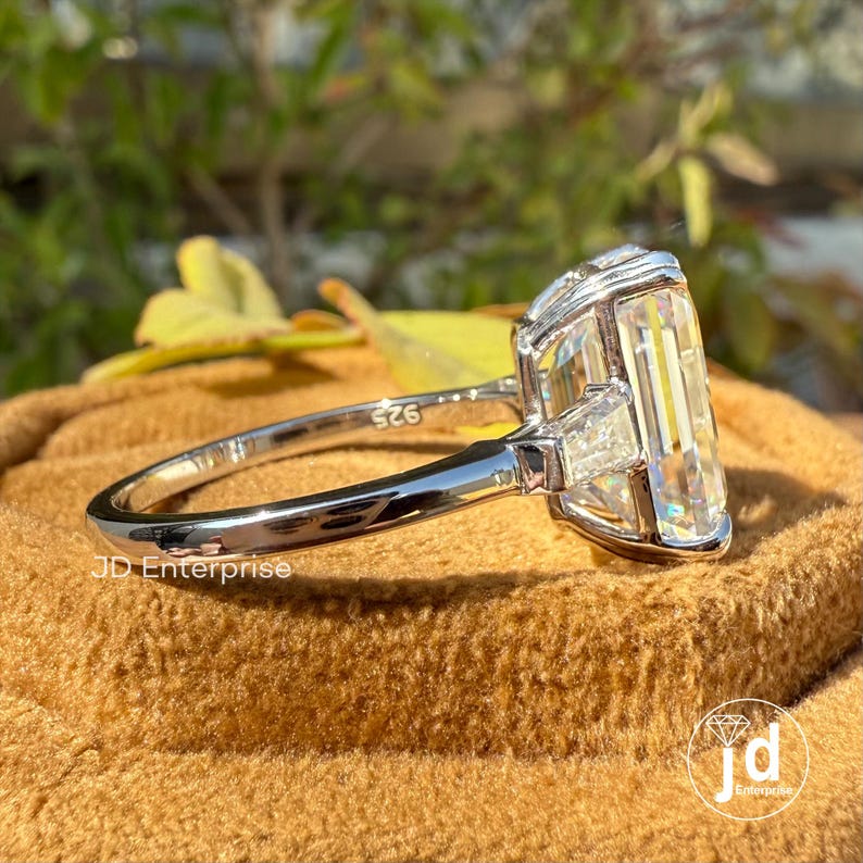 Three Stone Engagement Ring, 8.00 TCW Large Emerald Cut Moissanite ...