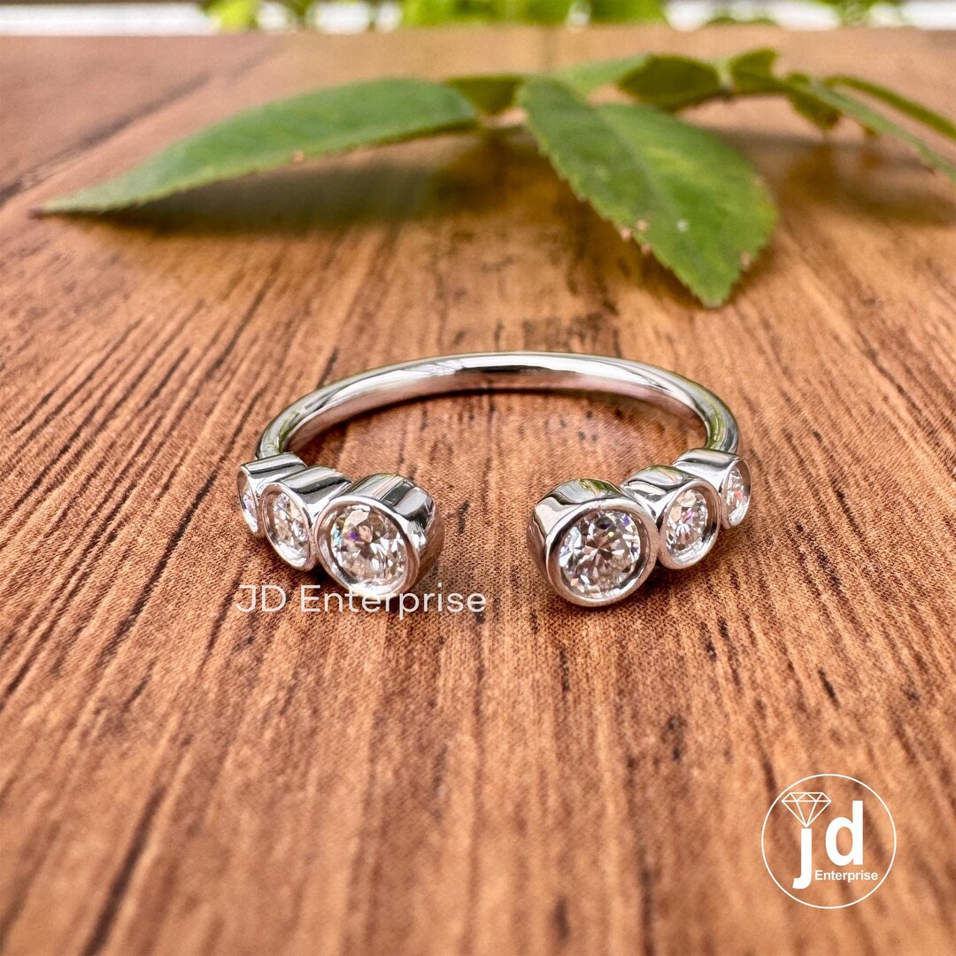 Open Cuff Round Cut Moissanite Wedding Band, Bezel Set Matching ...