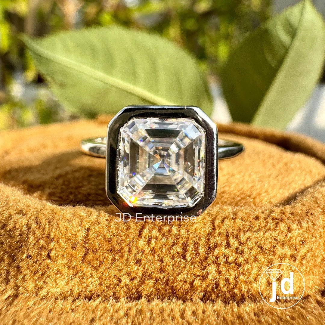 2.00CT Asscher Cut Bezel Set Solitaire Moissanite Engagement Ring ...
