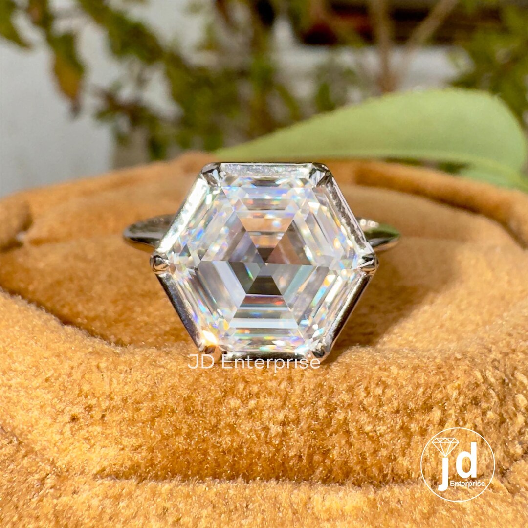 4.00CT Colorless Hexagon Step Cut Moissanite Engagement Ring, Bezel Set ...
