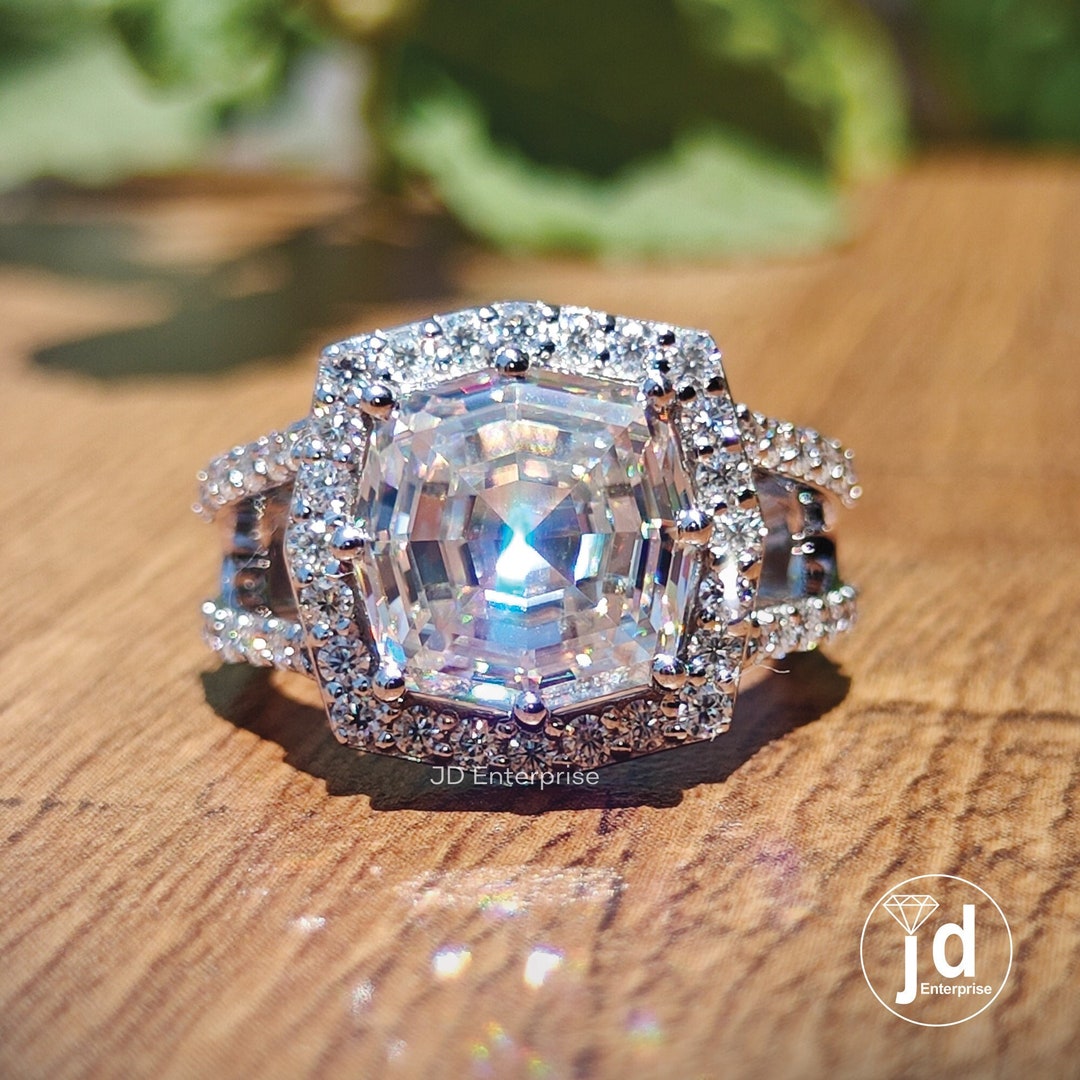 3.92CT Antique Step Cut Cushion Colorless Moissanite Engagement Ring, 2 ...