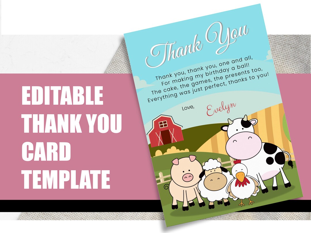 Farm Birthday Thank You Card Farm Animals Thank You Note - Etsy