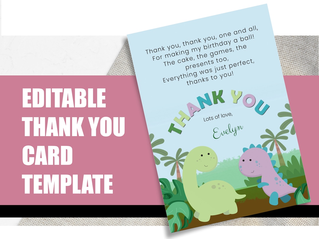 Dinosaur Birthday Thank You Card Dino Thank You Note - Etsy