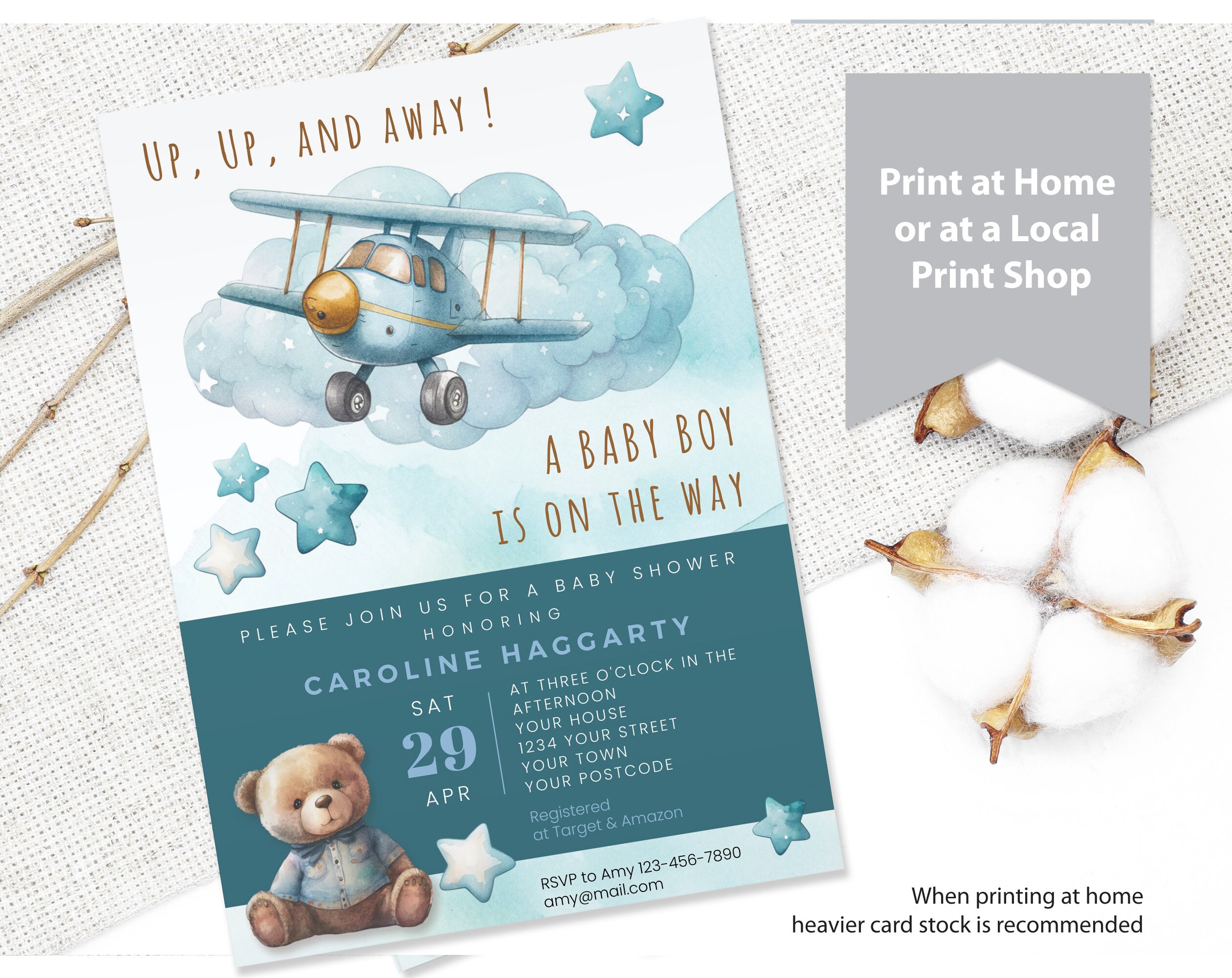 Bear Baby Shower Invite Boy | up up and Away Themed Baby Shower ...