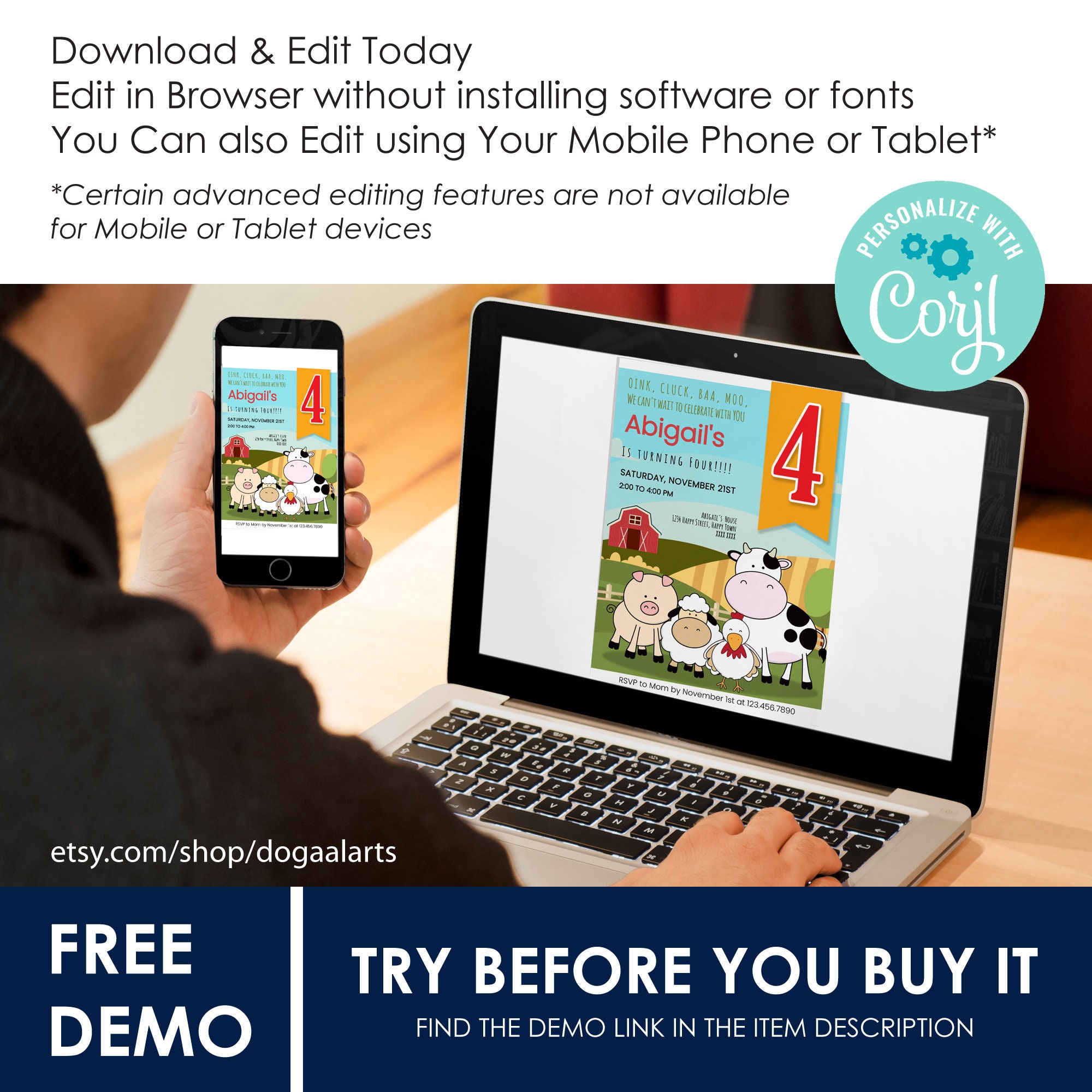 Farm 4th Birthday Invitation Instant Download 4th Birthday Farm Animals ...