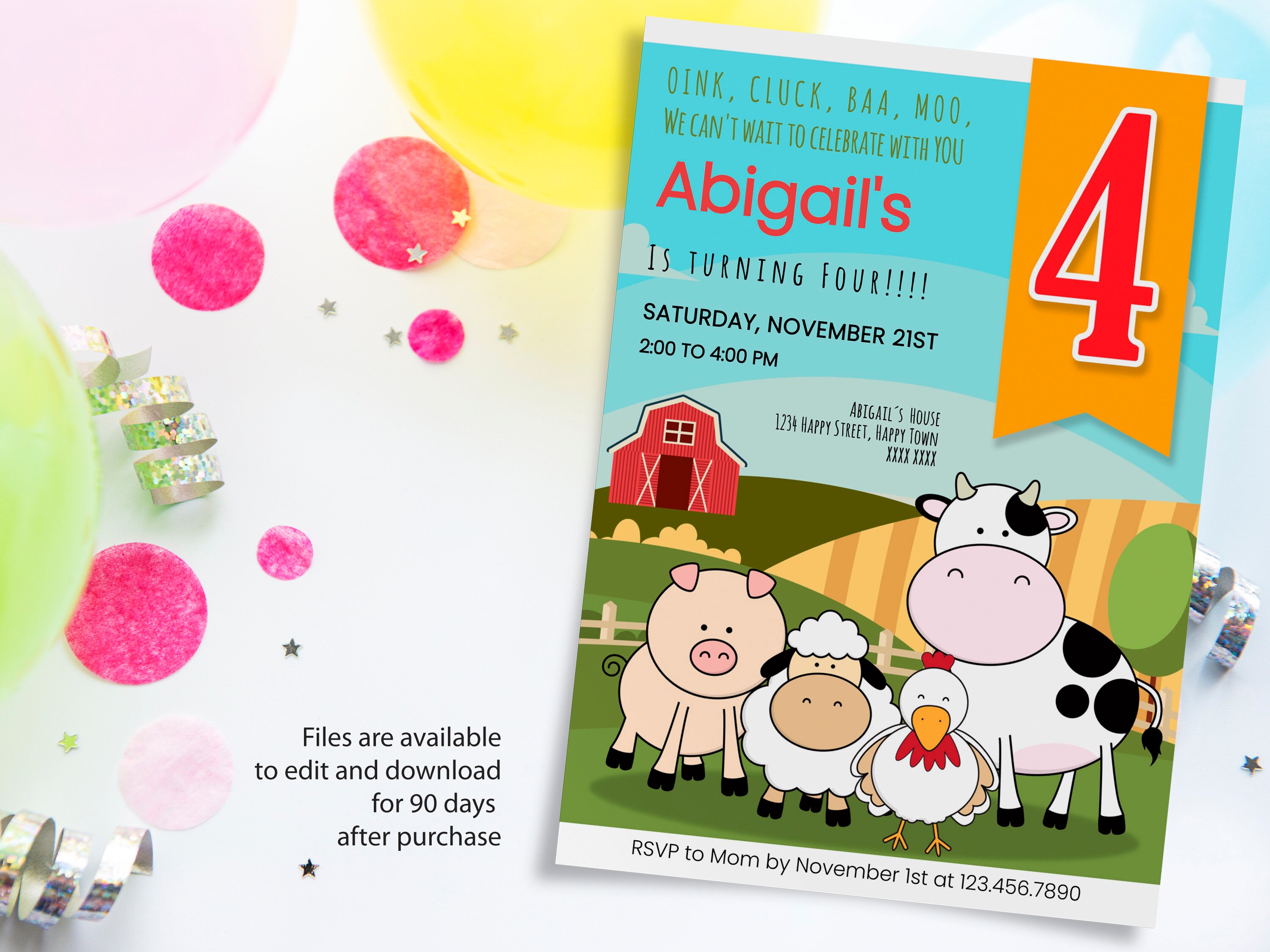 Farm 4th Birthday Invitation | Instant Download | 4th Birthday Farm ...