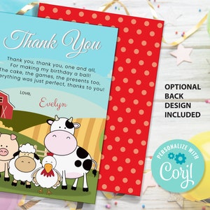 Farm Birthday Thank You Card | Farm Animals Thank You Note | Barnyard ...