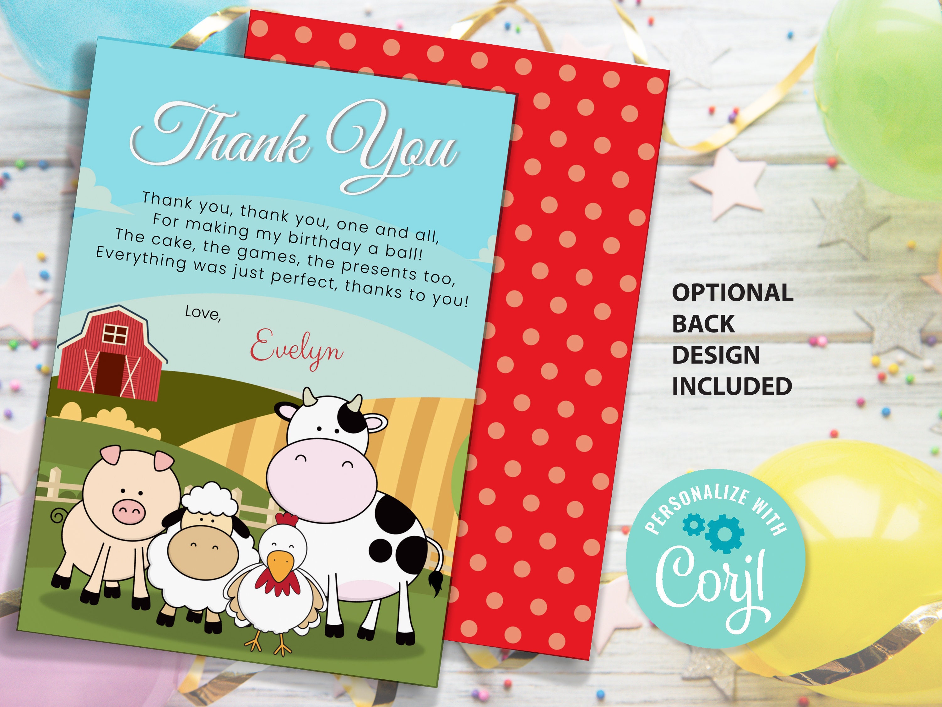 Farm Birthday Thank You Card | Farm Animals Thank You Note | Barnyard ...