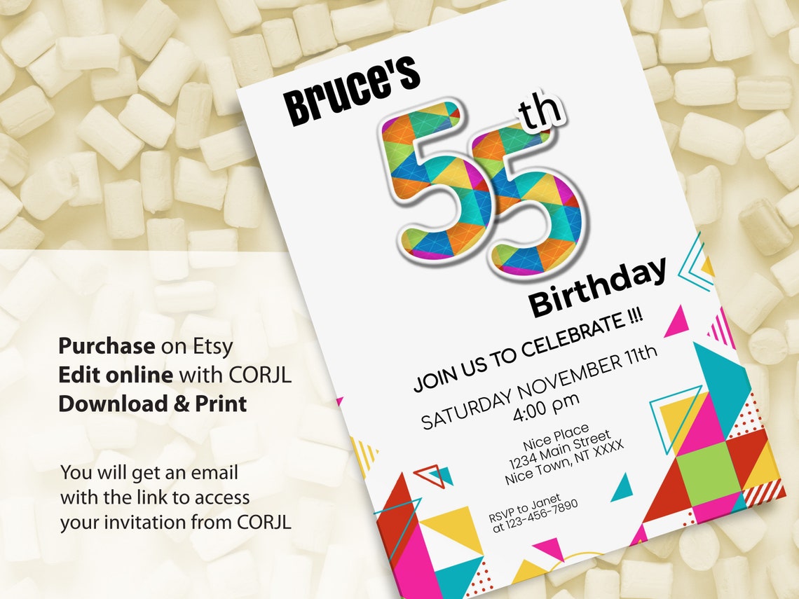 55th Birthday Invitation Digital Download Editable Digital Colorful ...