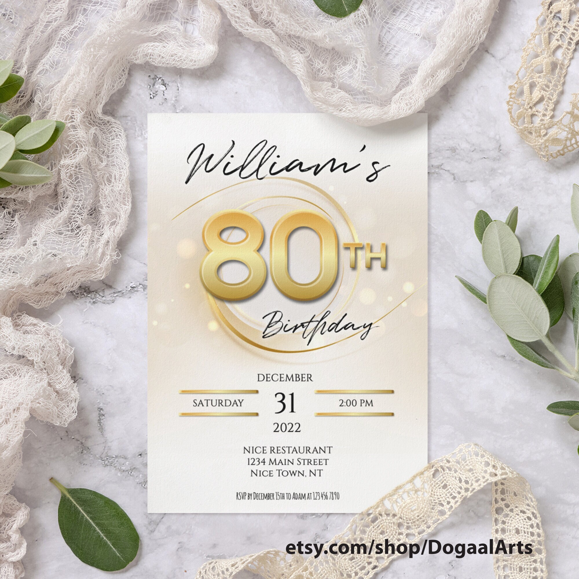 Gold 80th Birthday Invitation Template: Editable Online (digital ...