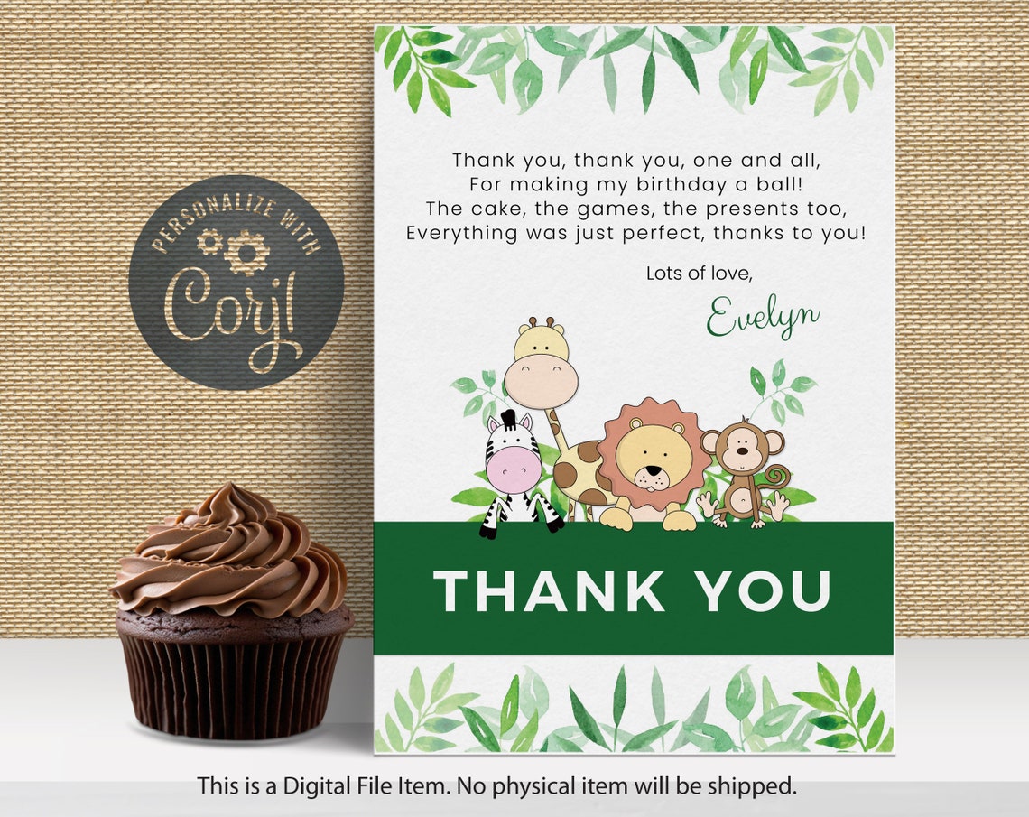 Jungle Safari Birthday Thank You Card Jungle Animals Thank You Note ...