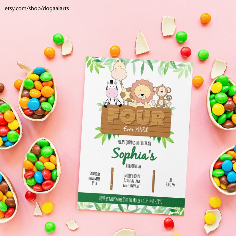 Four Ever Wild Birthday Invitation Jungle | Instant Download| Safari ...