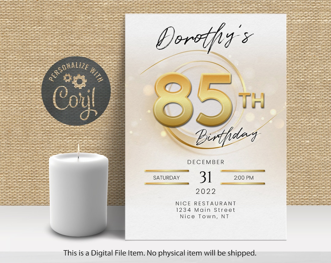 Gold 85th Birthday Invitation Digital Download | Editable Digital Gold ...