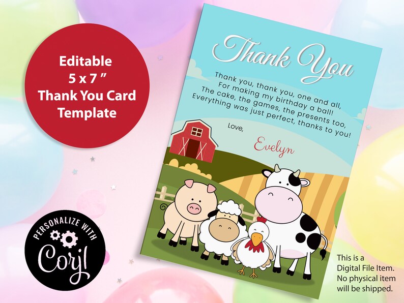 Farm Birthday Thank You Card | Farm Animals Thank You Note | Barnyard ...