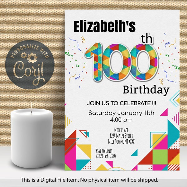 100th Birthday Invitation Template - Etsy