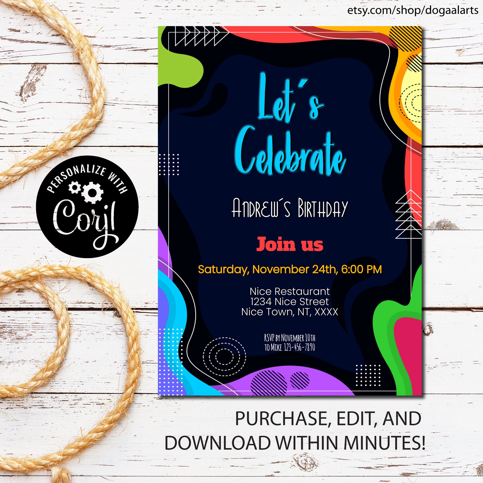 Colorful Birthday Invitation Instant Download Colorful Birthday Party ...