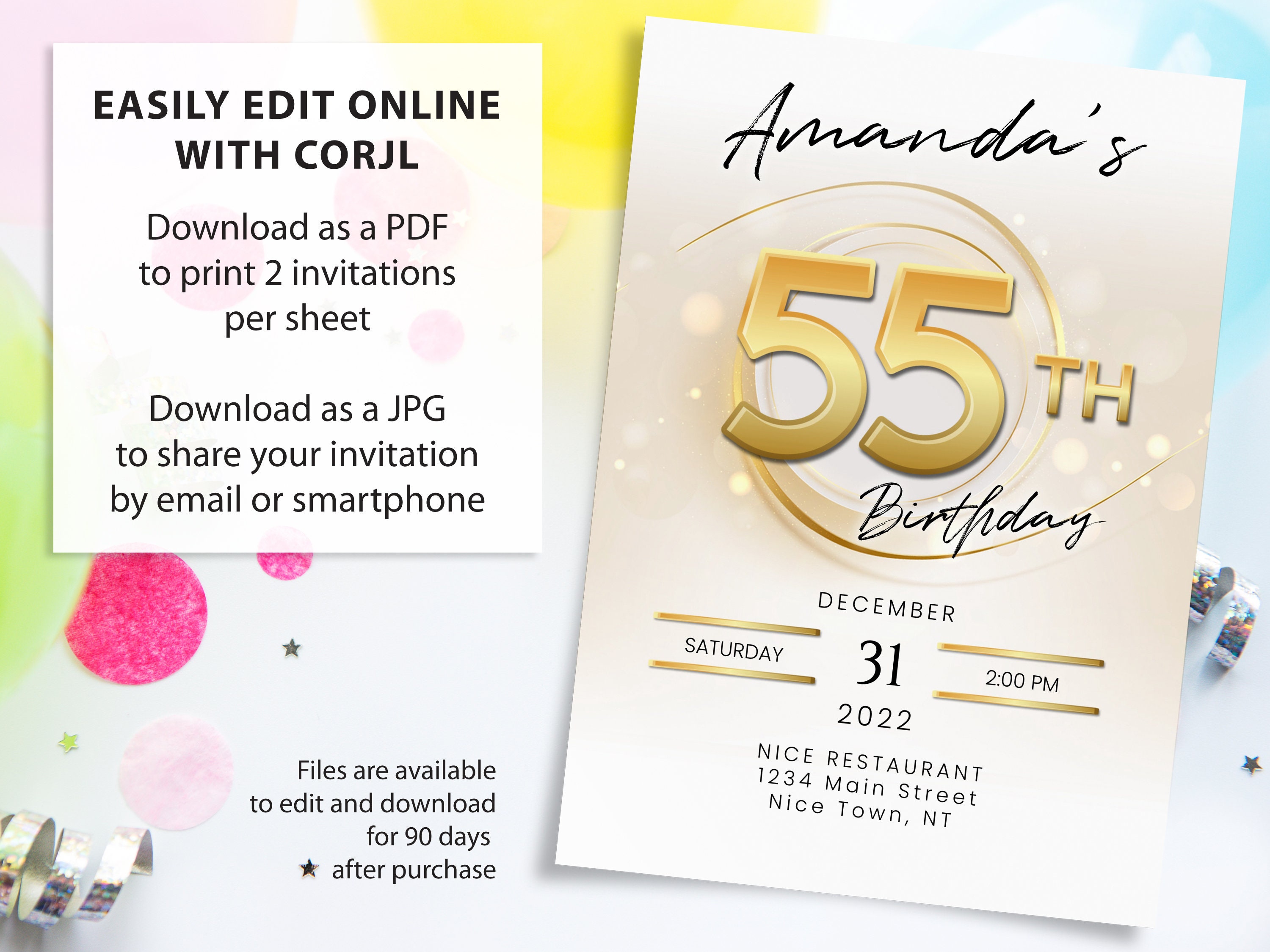 Gold 55th Birthday Invitation Digital Download Editable - Etsy