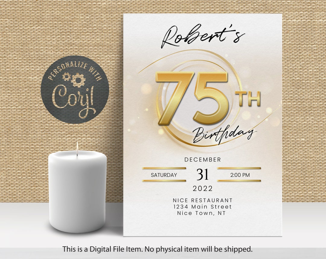 Gold 75th Birthday Invitation Digital Download | Editable Digital Gold ...