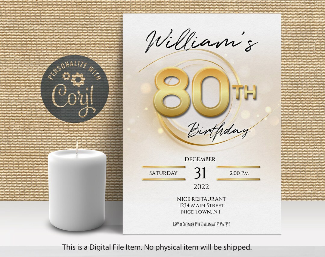 Gold 80th Birthday Invitation Template: Editable Online (digital ...