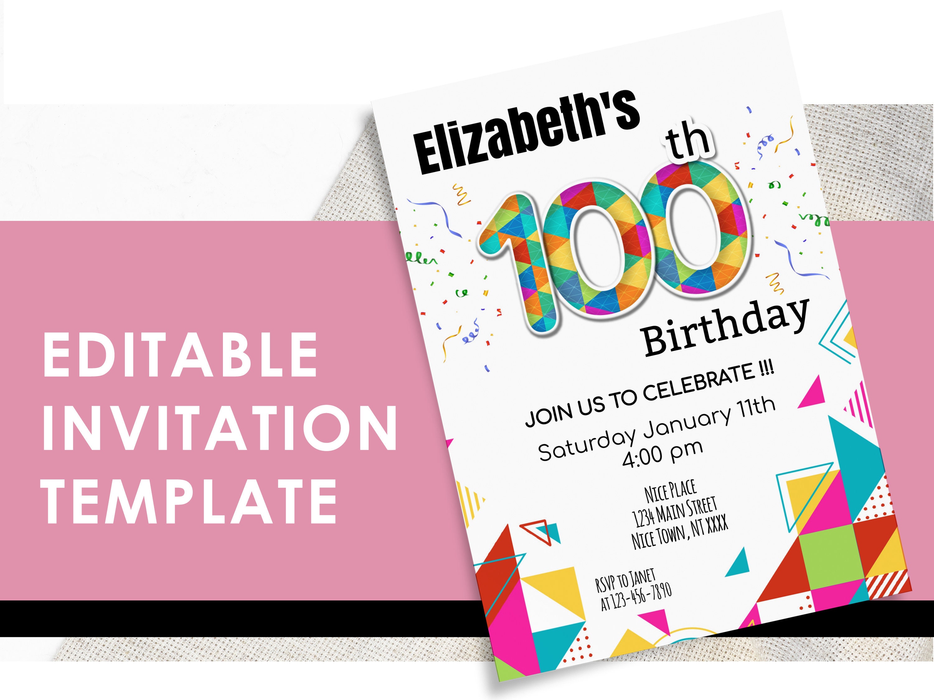 100th Birthday Invitation Template Printable Party Invite - Etsy