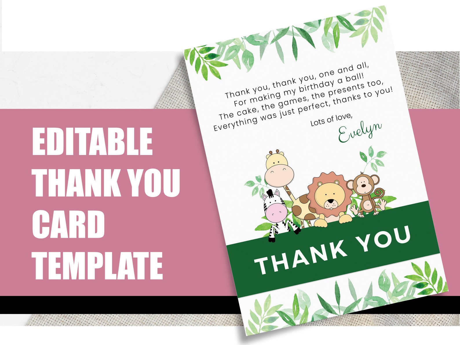 Jungle Safari Birthday Thank You Card Jungle Animals Thank - Etsy