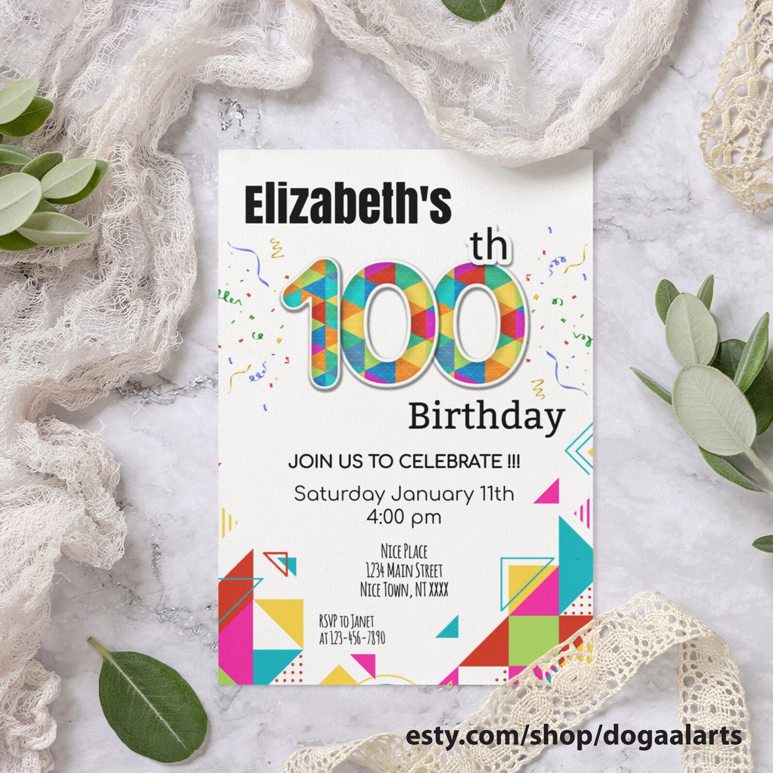 100th Birthday Invitation Template | Printable Party Invite | 100 Years ...