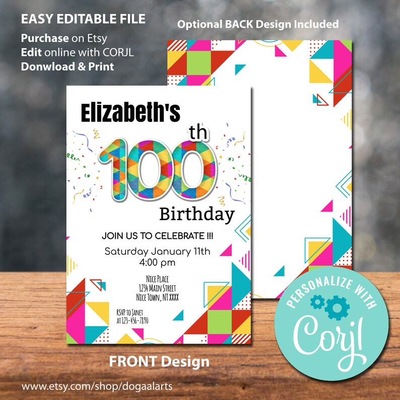 100th Birthday Invitation Template | Printable Party Invite | 100 Years ...