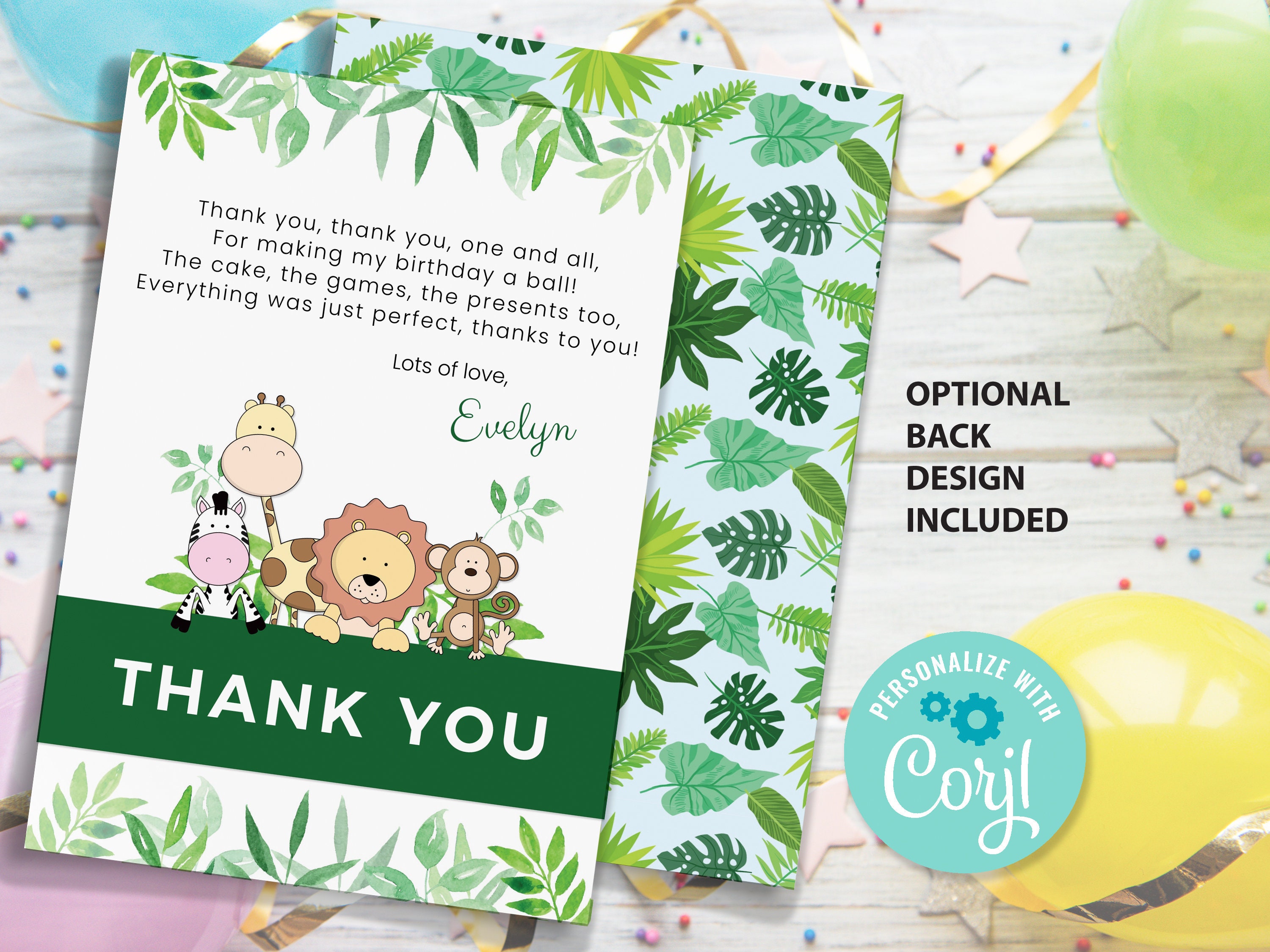 Jungle Safari Birthday Thank You Card Jungle Animals Thank You Note ...